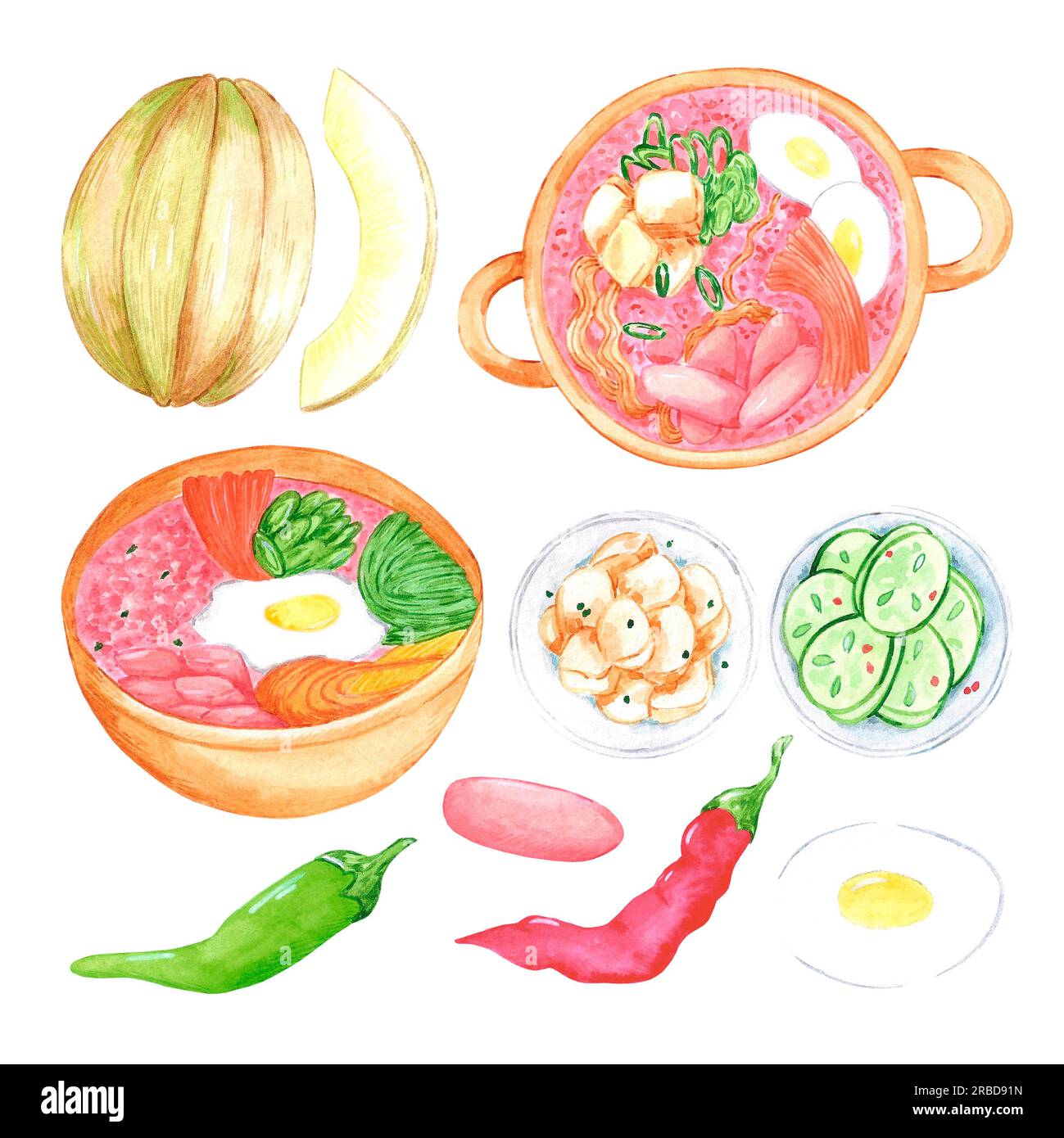 Hand drawn watercolor korean food set isolated on white background. Can ...