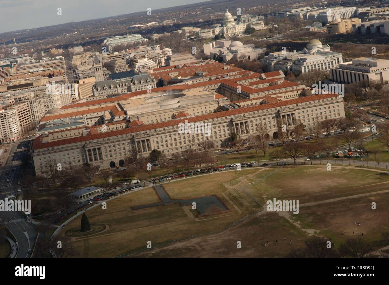 Aerial views of Main Interior, buildings and monuments in the vicinity ...