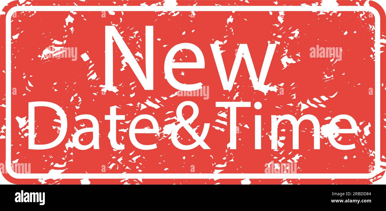 New date and time rubber stamp to postponed event. Vector of rescheduled and event update, event ...