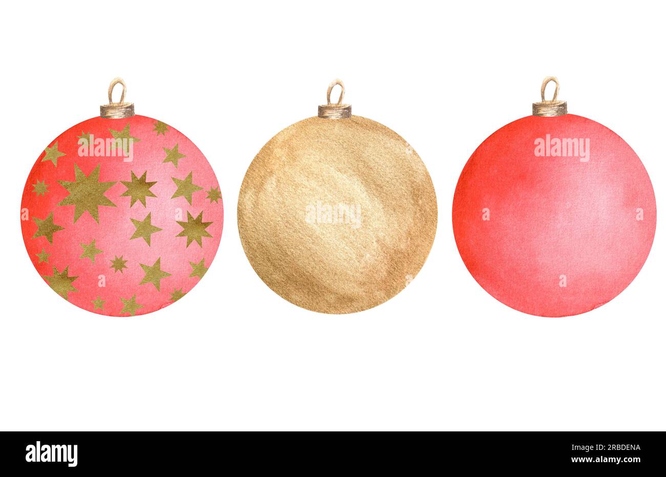 Hand-drawn watercolor illustration. Ruby red and golden glass balls for ...