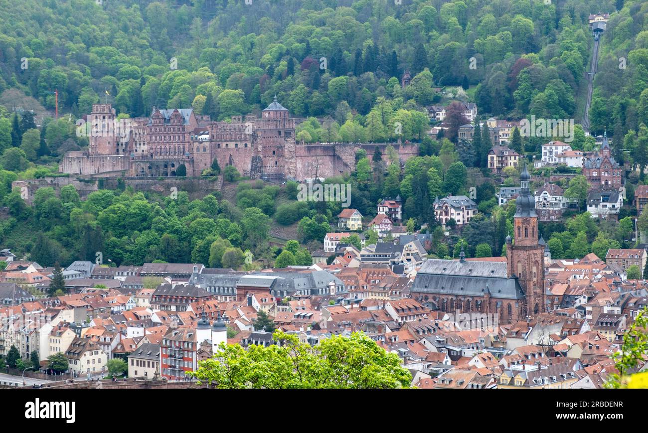 Germany, aerial view of Heidelberg traditional city and Schloss ...