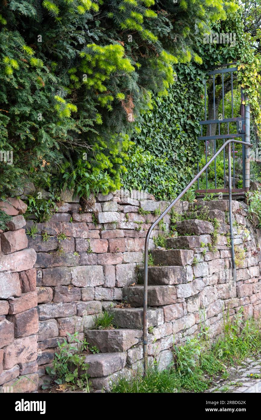 Stonewall with narrow stone stair drives to closed metal gate, entrance ...