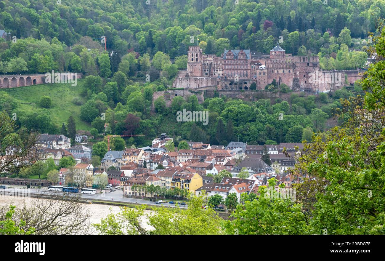 Germany, aerial view of Heidelberg traditional city and Schloss ...