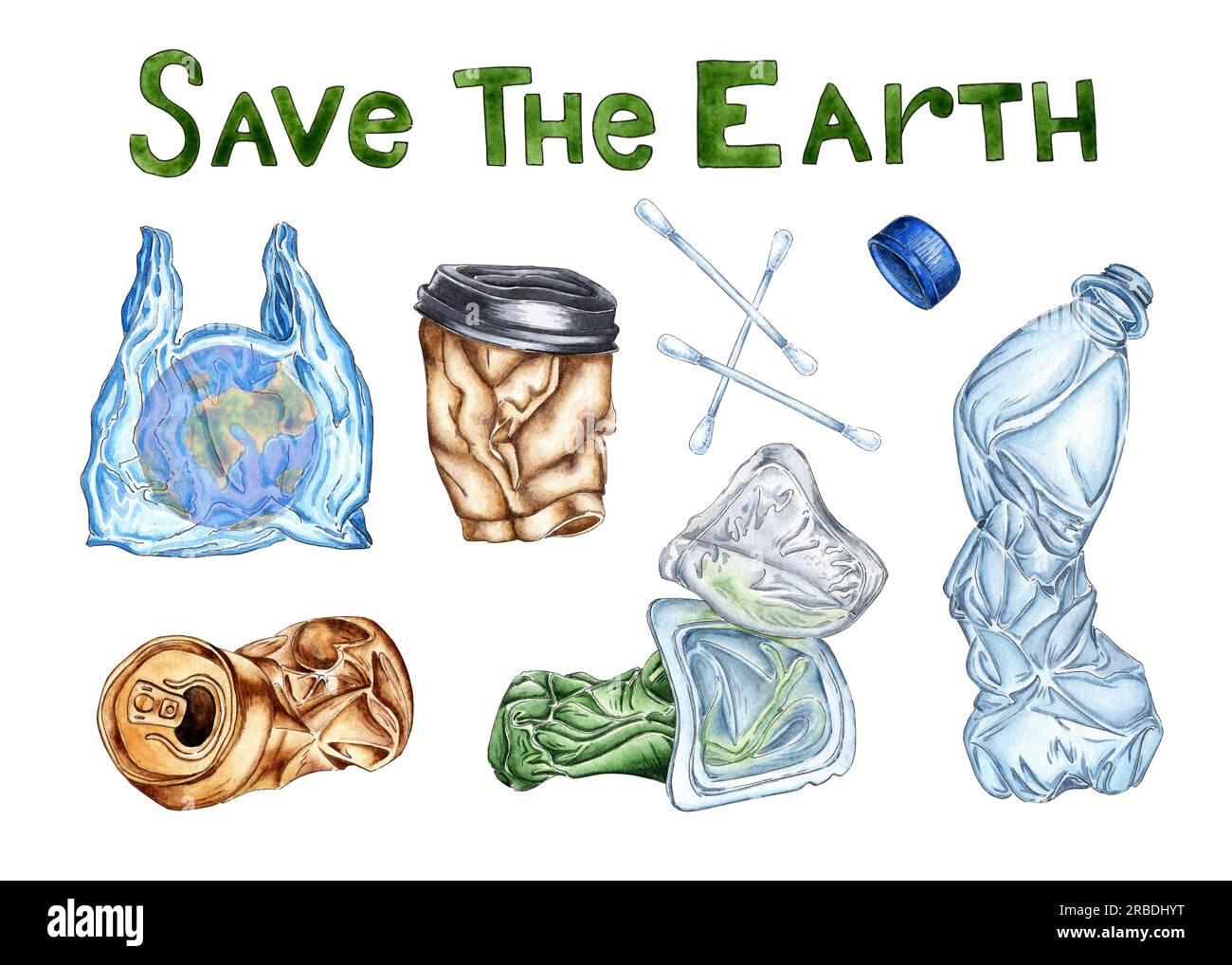 Set of watercolor illustrations of plastic trash. Plastic bottle ...