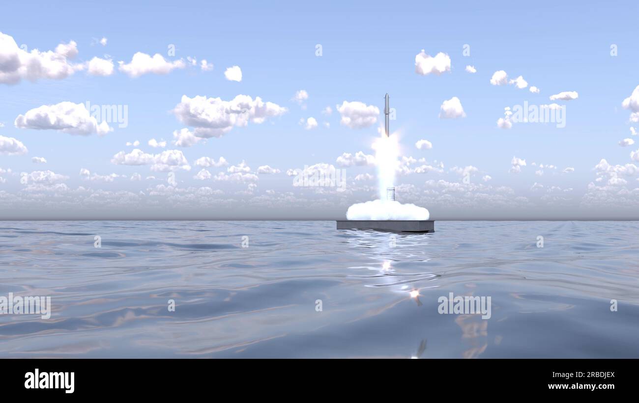 Rocket launch from a sea platform 3d render Stock Photo - Alamy