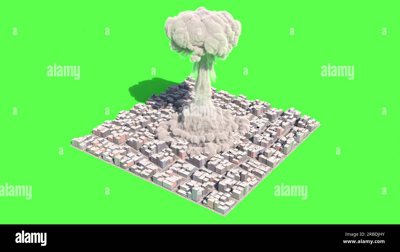 A nuclear explosion in the city on green landscape 3d render Stock ...