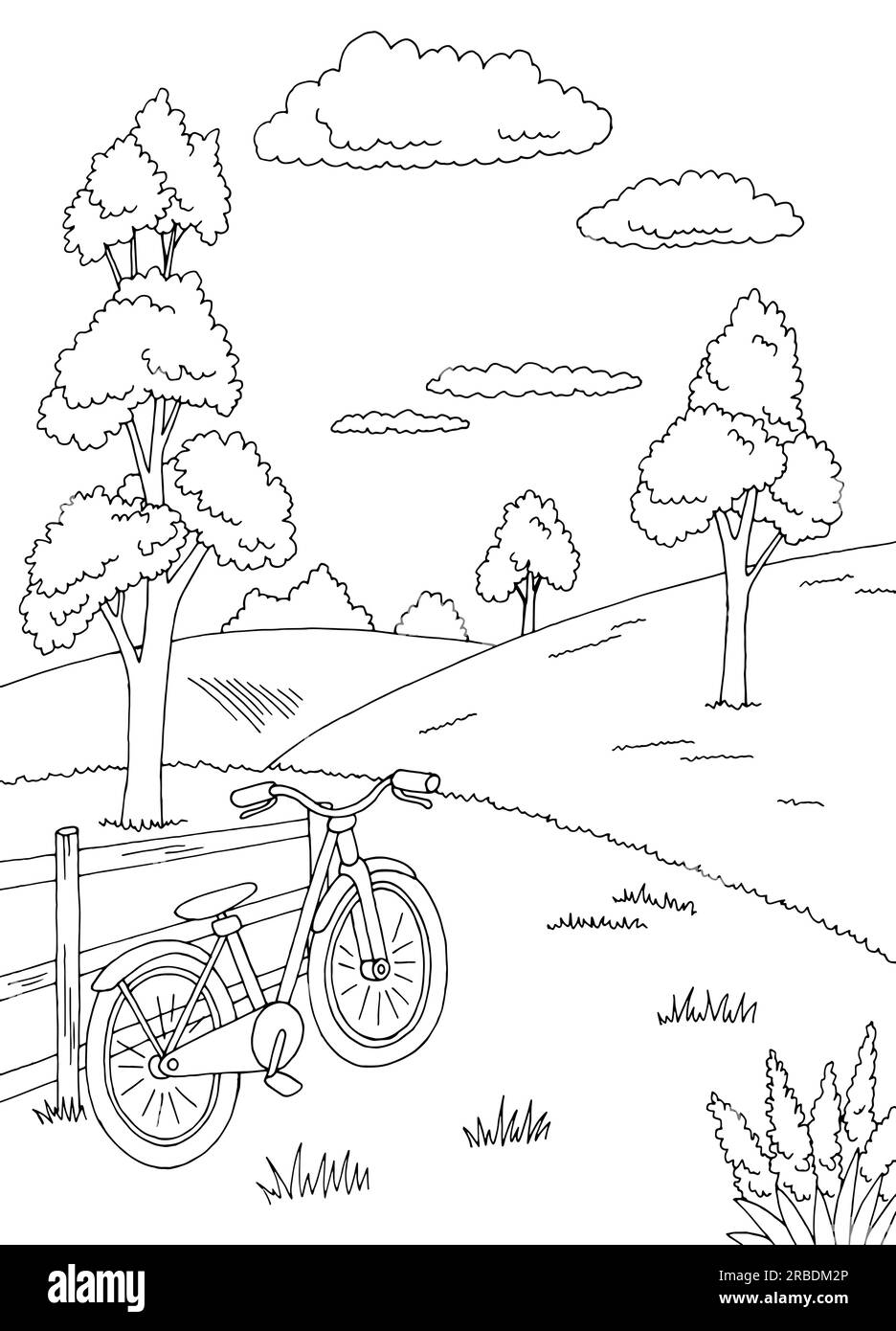 Bicycle in field graphic black white landscape sketch illustration ...