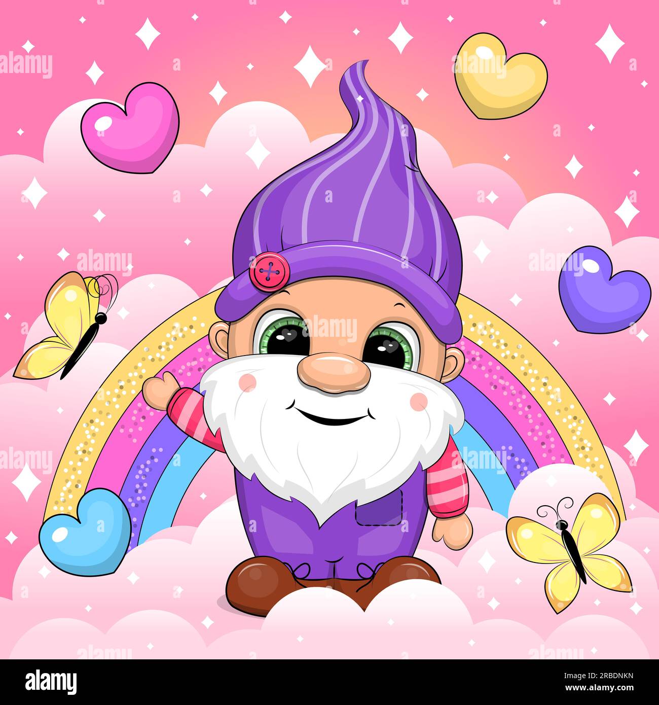 Cute cartoon gnome in the sky. Vector illustration of a dwarf man with ...