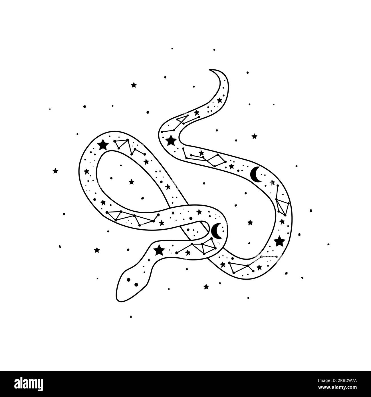 Mystical snake with moon and stars. Magic alchemy snake design cartoon ...
