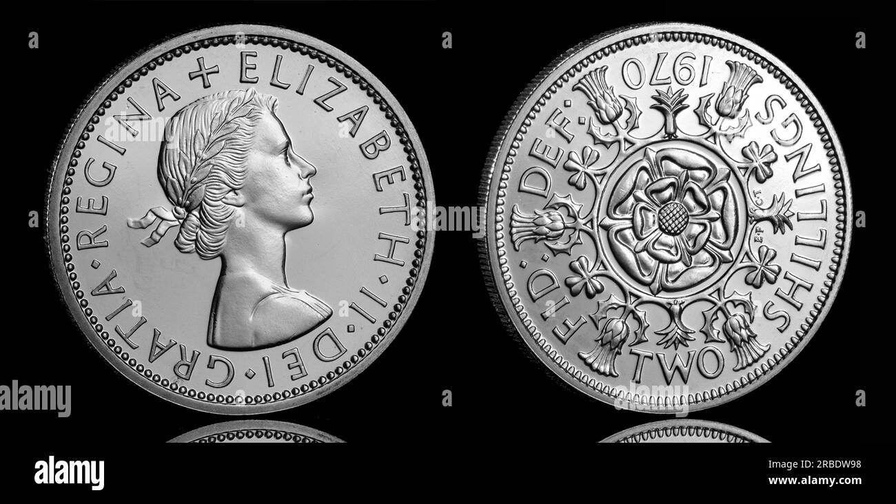 1970 2 Shillings.The front features the first coin portrait of Queen ...
