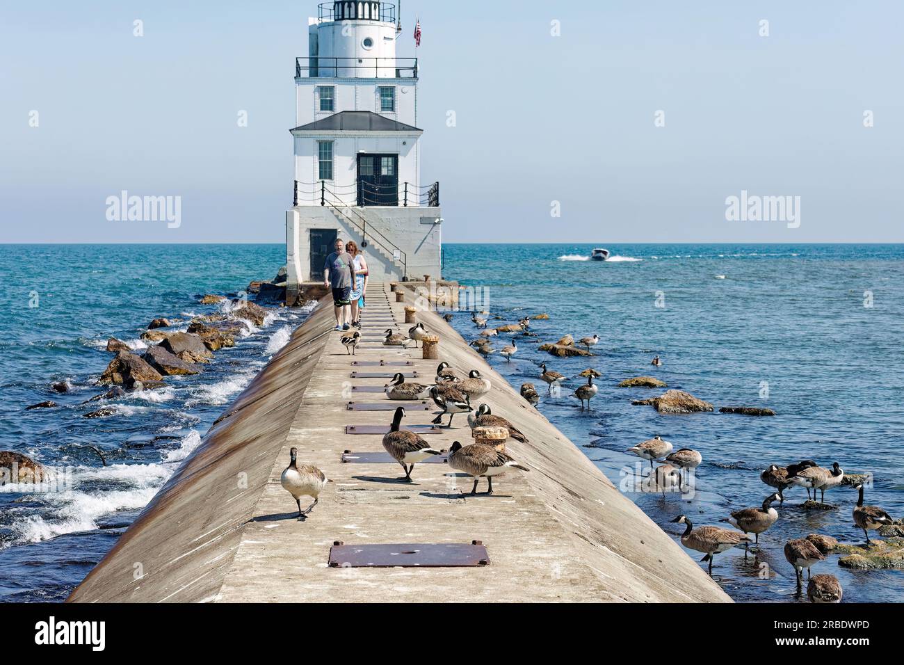Manitowoc WI USA July 08 2023 : the breakwater forms the path to the ...
