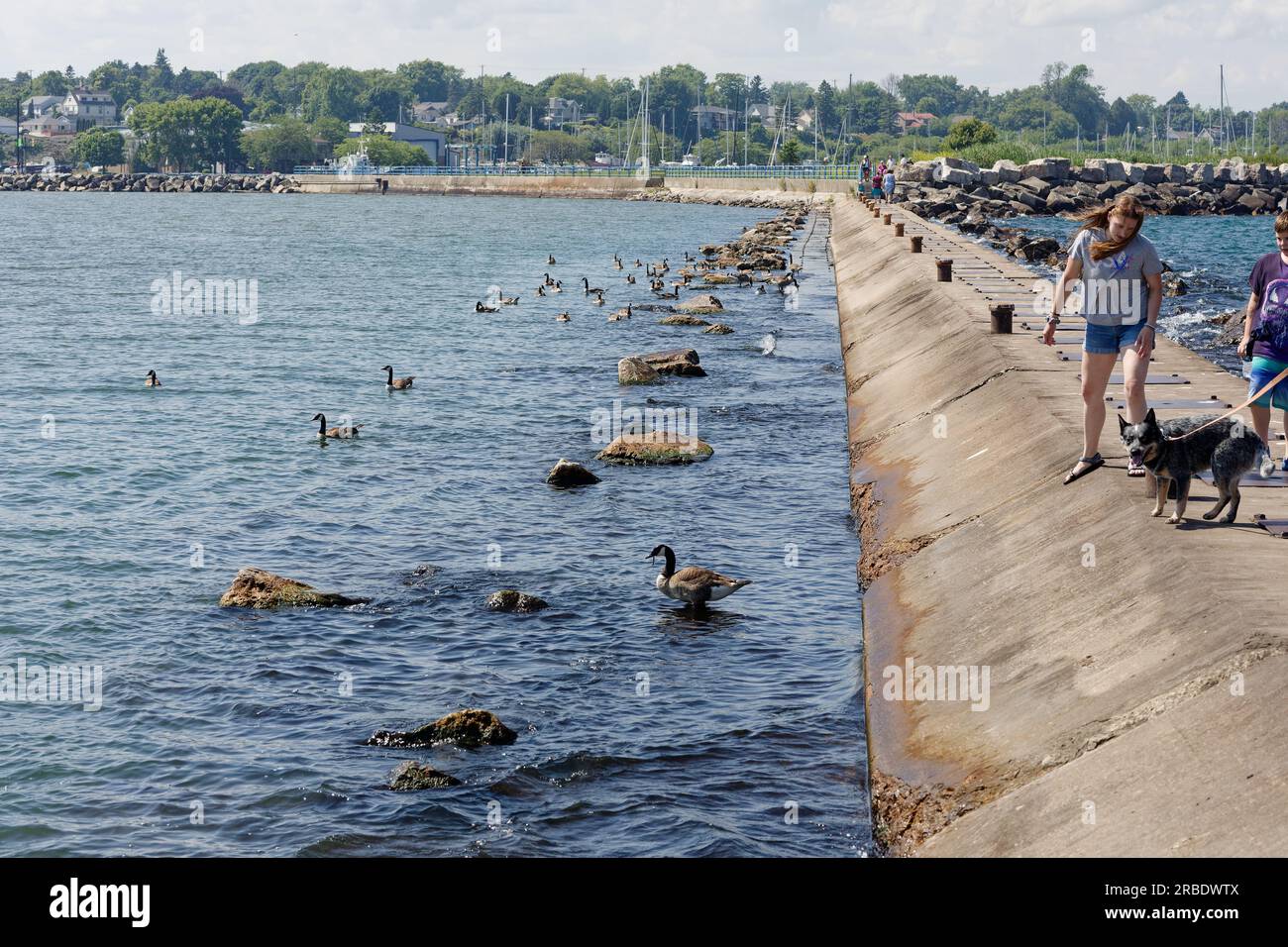 Manitowoc WI USA July 08 2023 : the breakwater forms the path to the ...