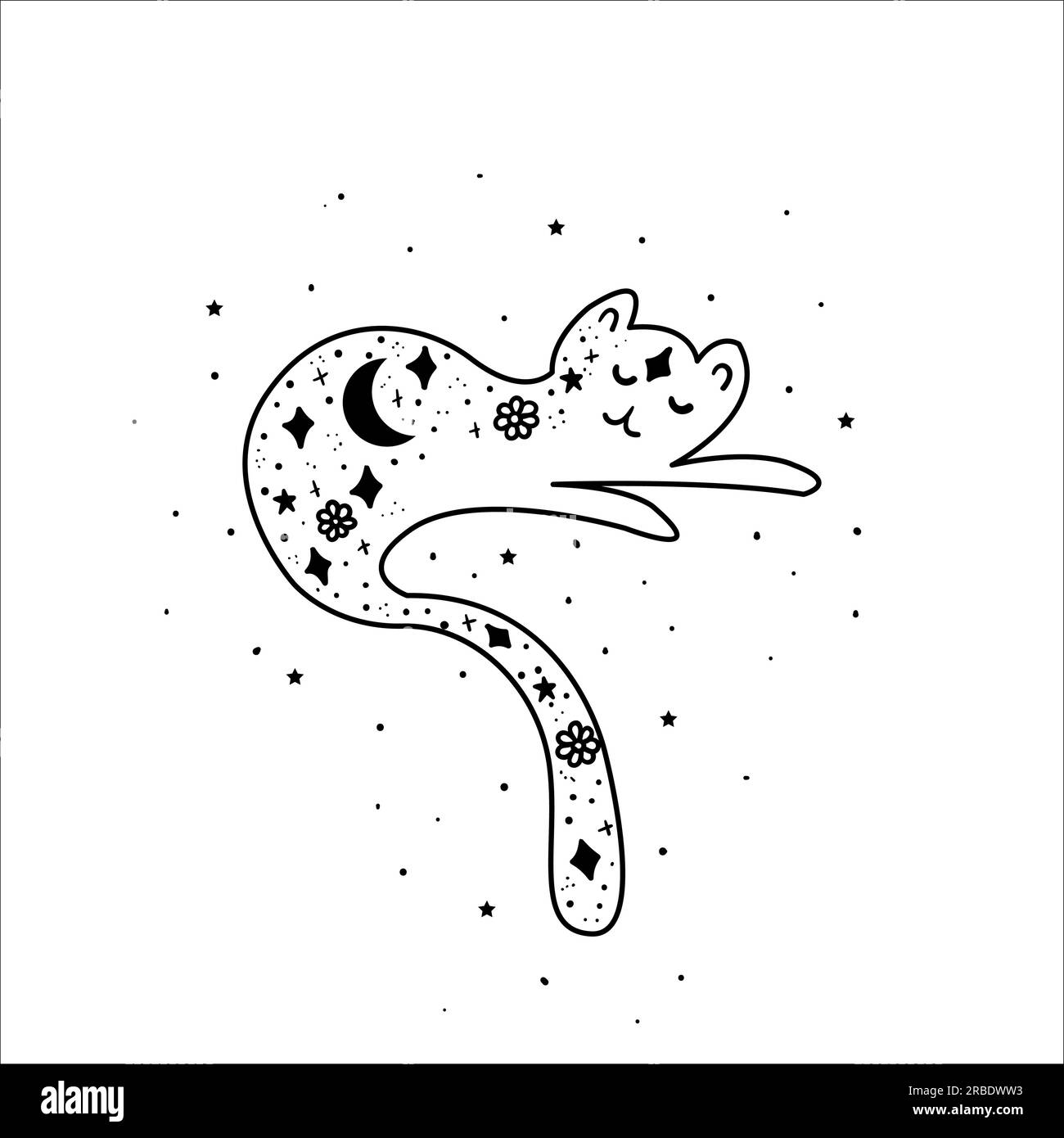 Mystical cat with moon and stars. Tattoo art style. Stars ...