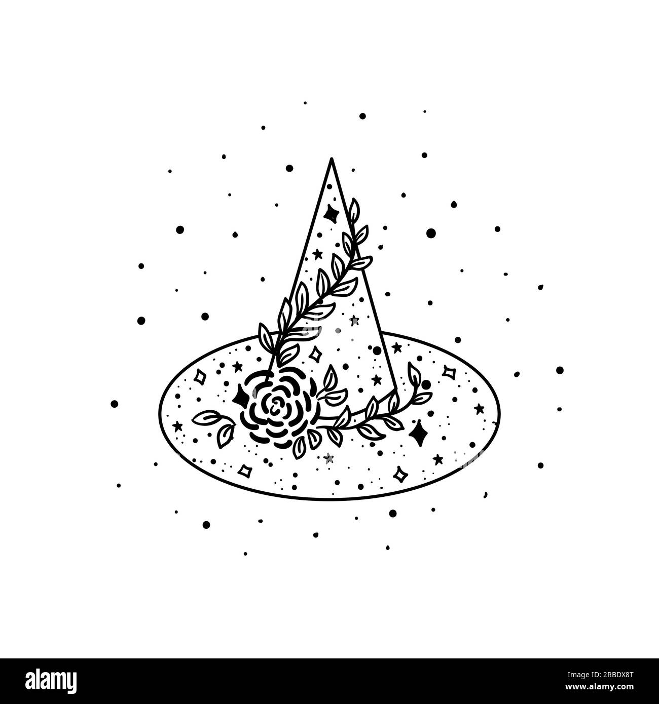 Mystical witch hat with flowers, leaves and stars. Stars ...