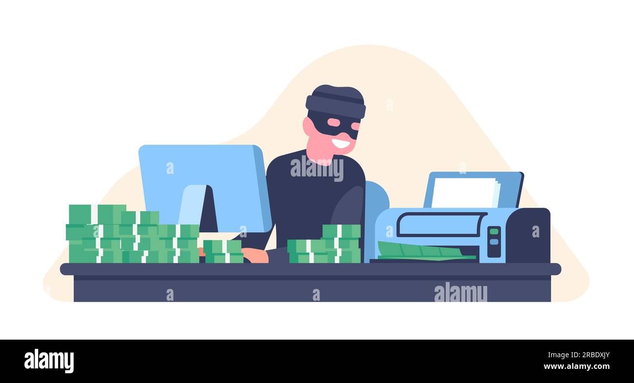 Counterfeiting money. Counterfeiter prints counterfeit cash on printer ...