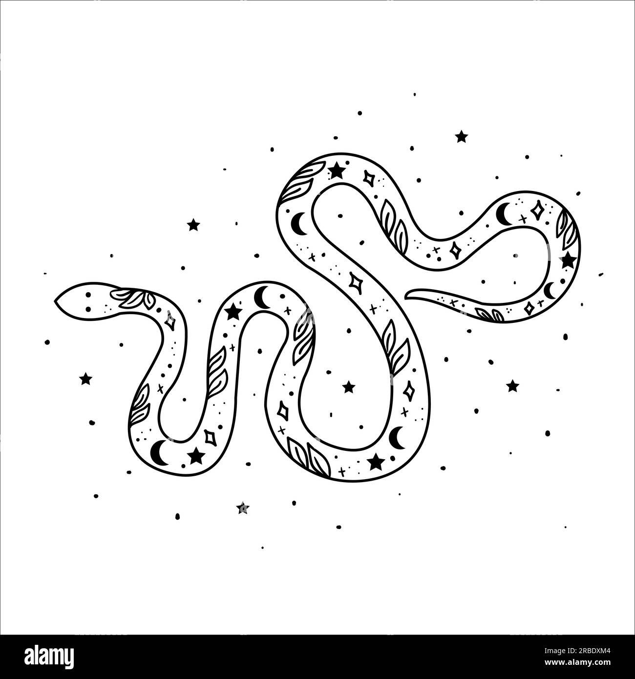 Mystical snake with moon and stars. Magic alchemy snake design cartoon ...