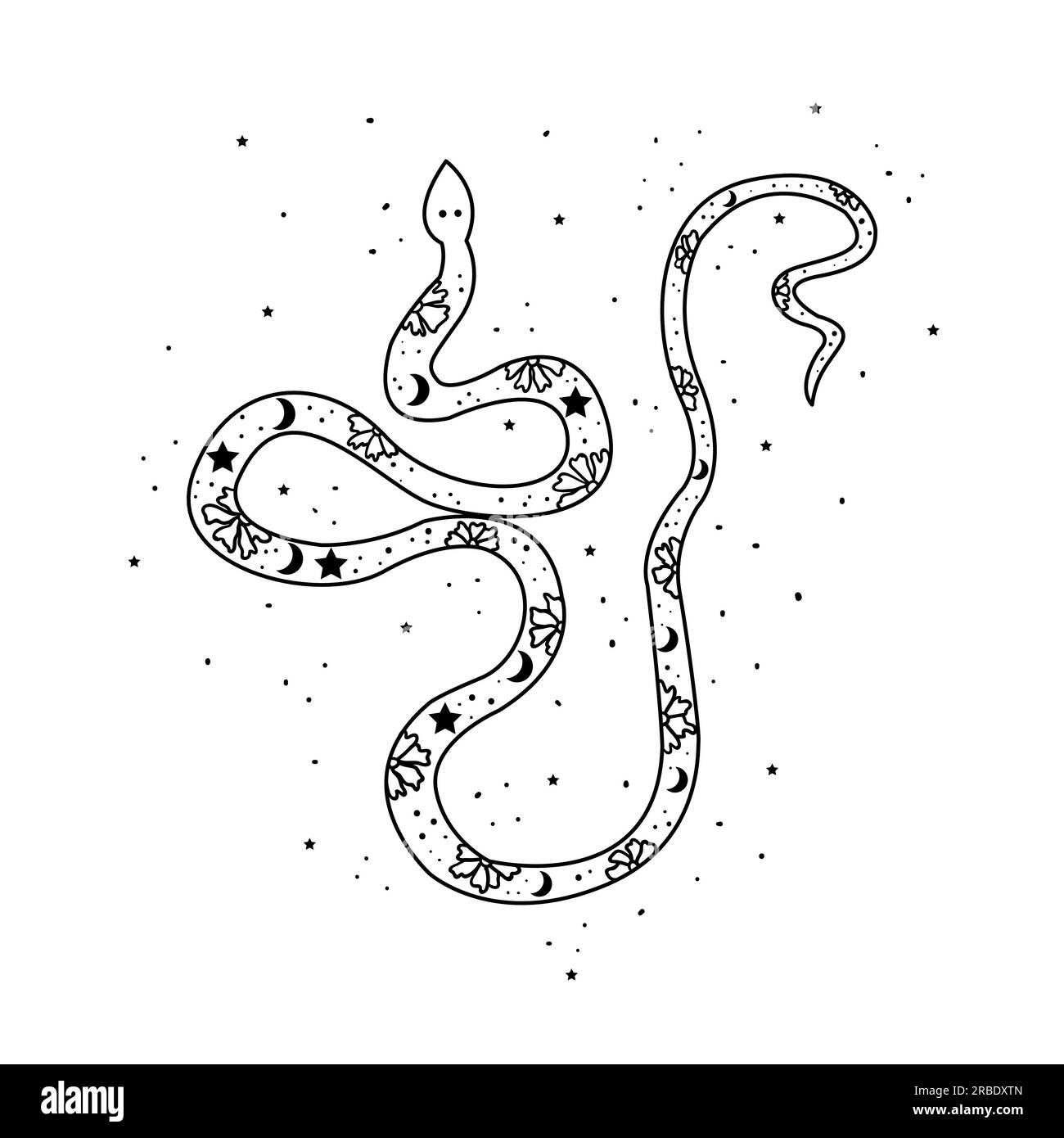 Mystical snake with moon and stars. Magic alchemy snake design cartoon ...