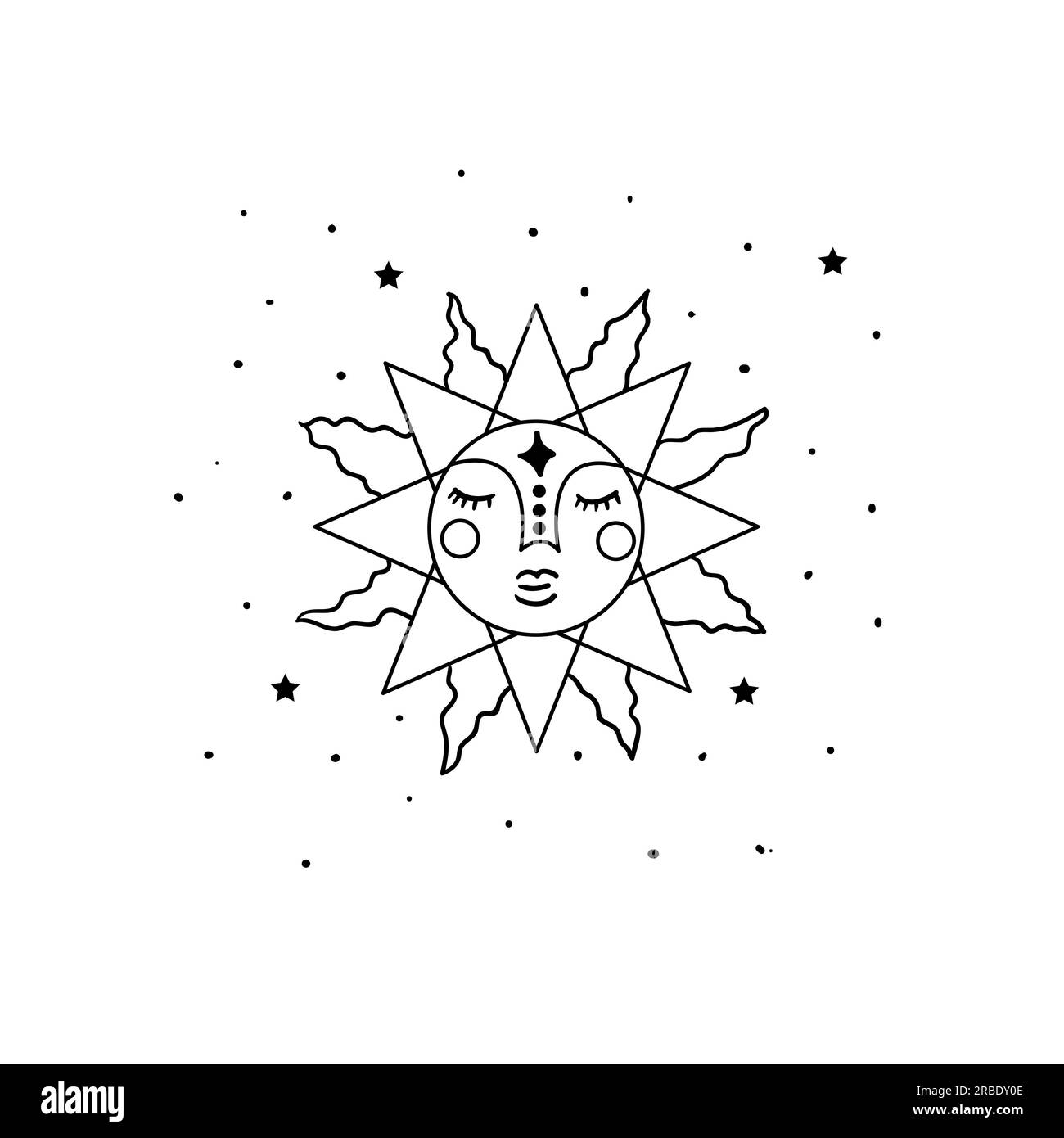Mystical Sun with stars and moon. Stars, constellations, moon. Hand ...