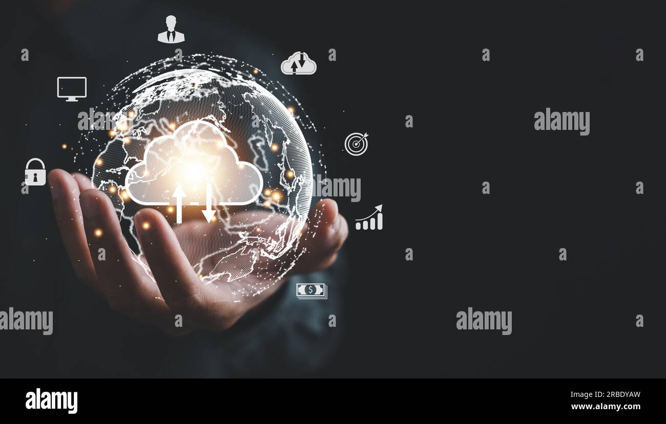 A businessman's hand holds a globe, illustrating seamless connectivity ...
