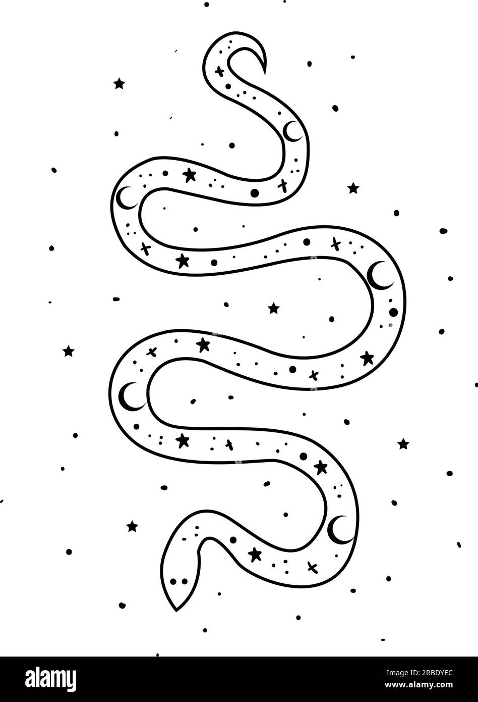 Mystical snake with moon and stars. Magic alchemy snake design cartoon ...