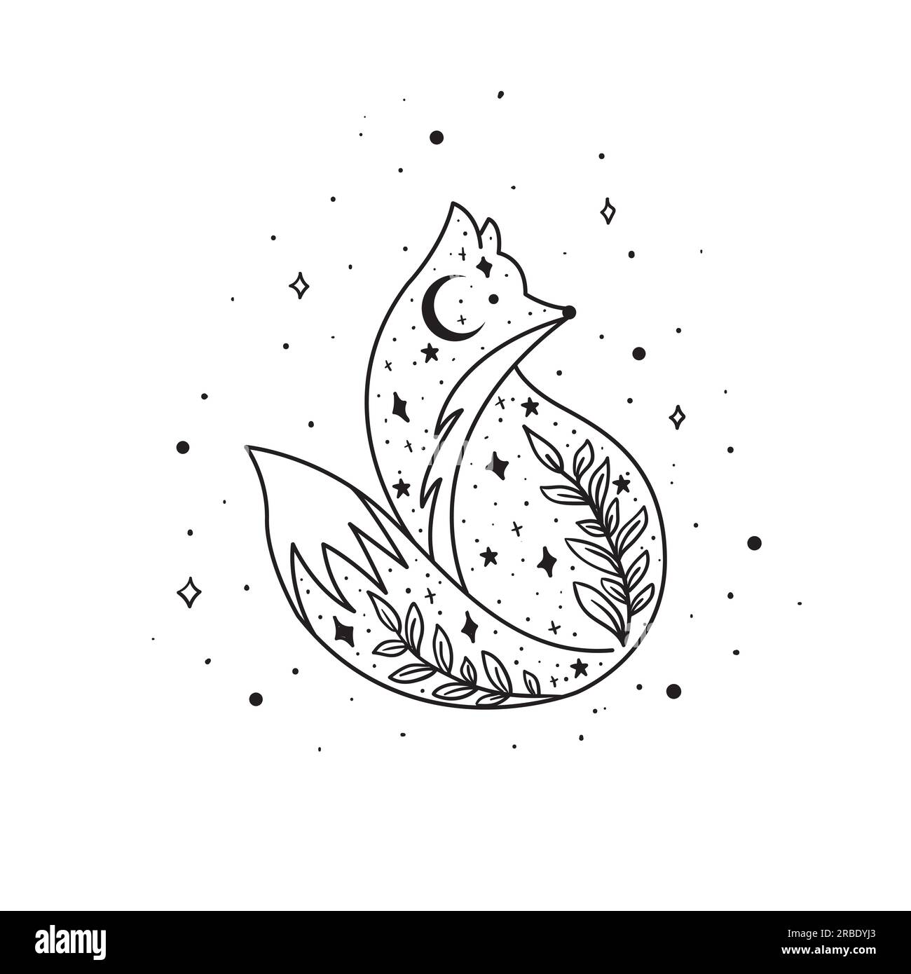 Mystical fox with moon and stars. Stars, constellations, moon. Hand ...