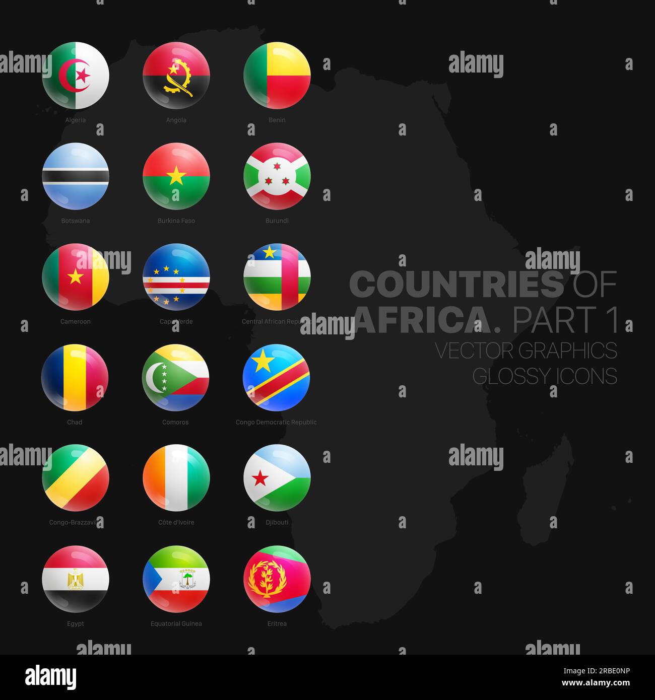 African Countries Flags Glossy Round Icons Set Isolated On Black