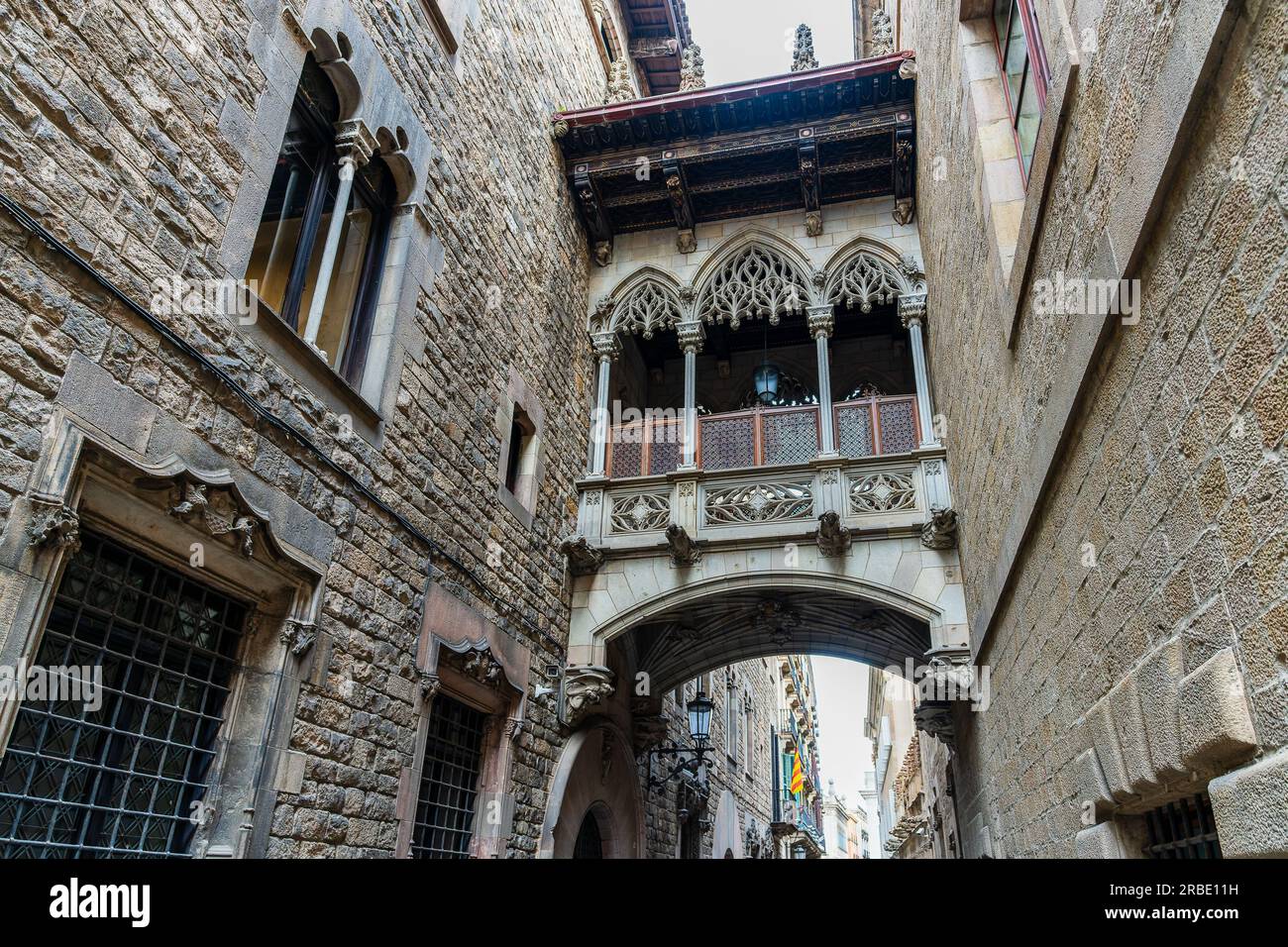 View of the Bishop's Gate, Portal del Bisbe, in the city of Barcelona ...