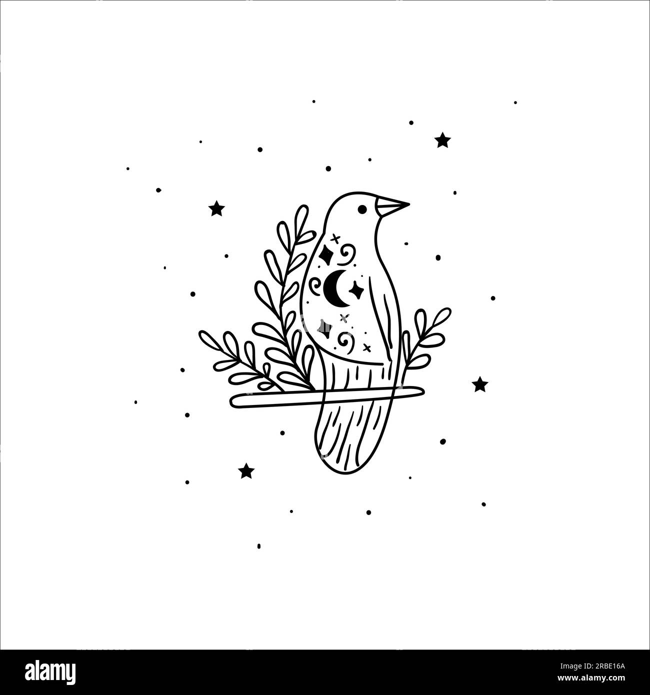 Mystical raven with moon and stars. Stars, constellations, moon. Hand ...