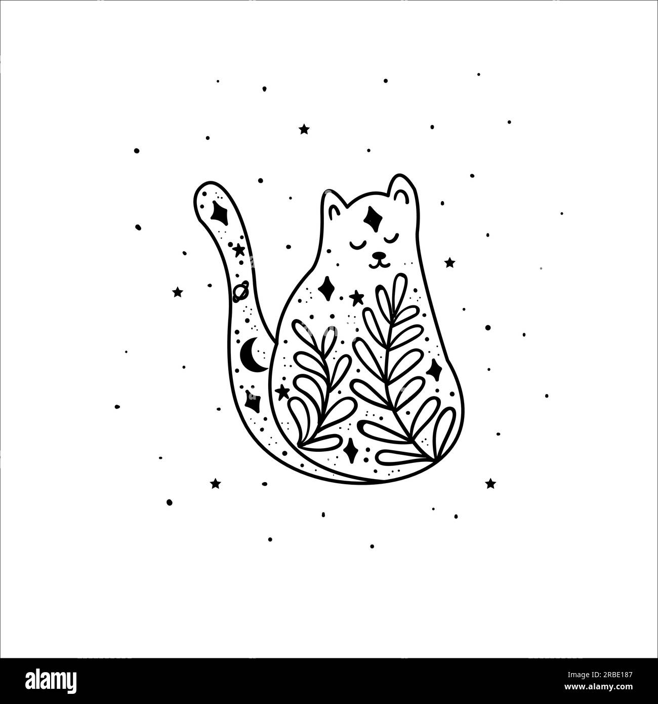 Mystical cat with moon and stars. Tattoo art style. Stars ...