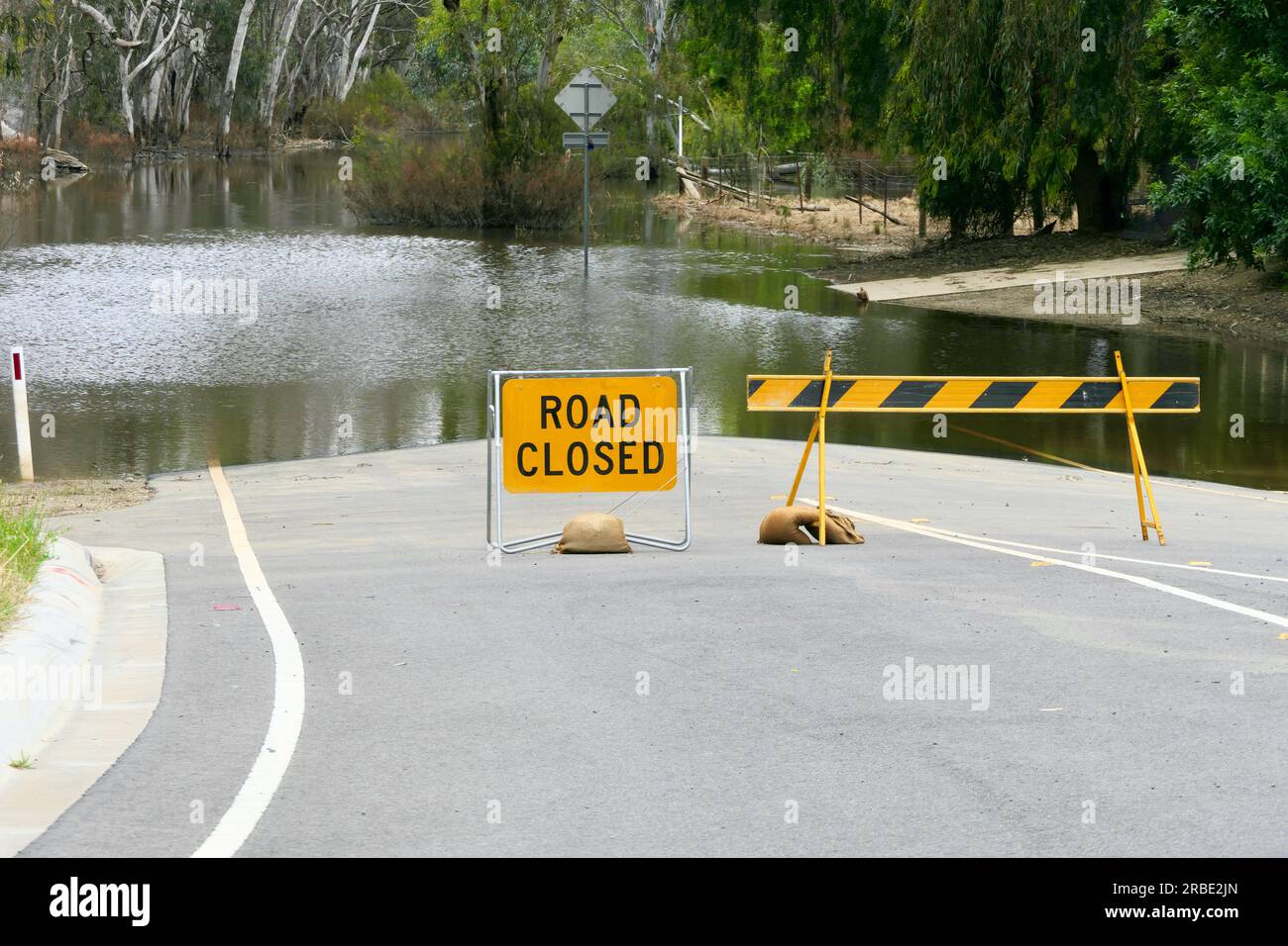 Road closed due to flood water of the Murray River on the Victorian New ...