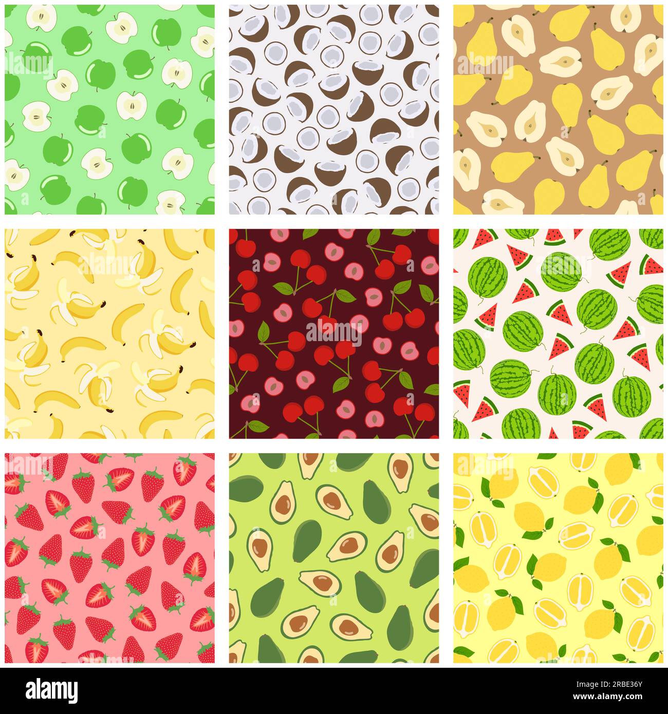 Set of bright seamless fruits patterns - hand drawn cartoon design. Repeatable summer ...