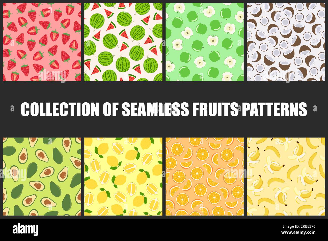 Collection of bright seamless fruits patterns - hand drawn cartoon design. Repeatable summer ...