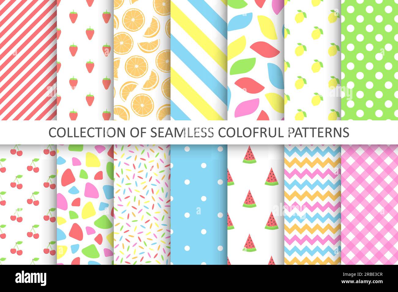 Collection of bright colorful seamless patterns - summer design. Cute endless prints. Repeatable ...
