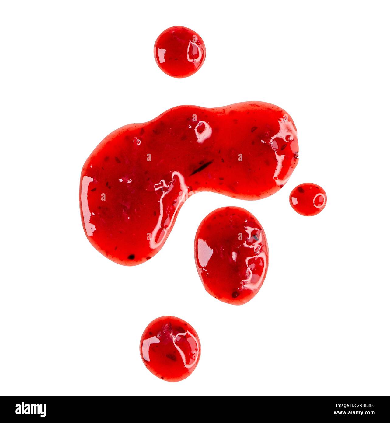 Drops and stains of liquid red berry jam or sauce isolated on ...
