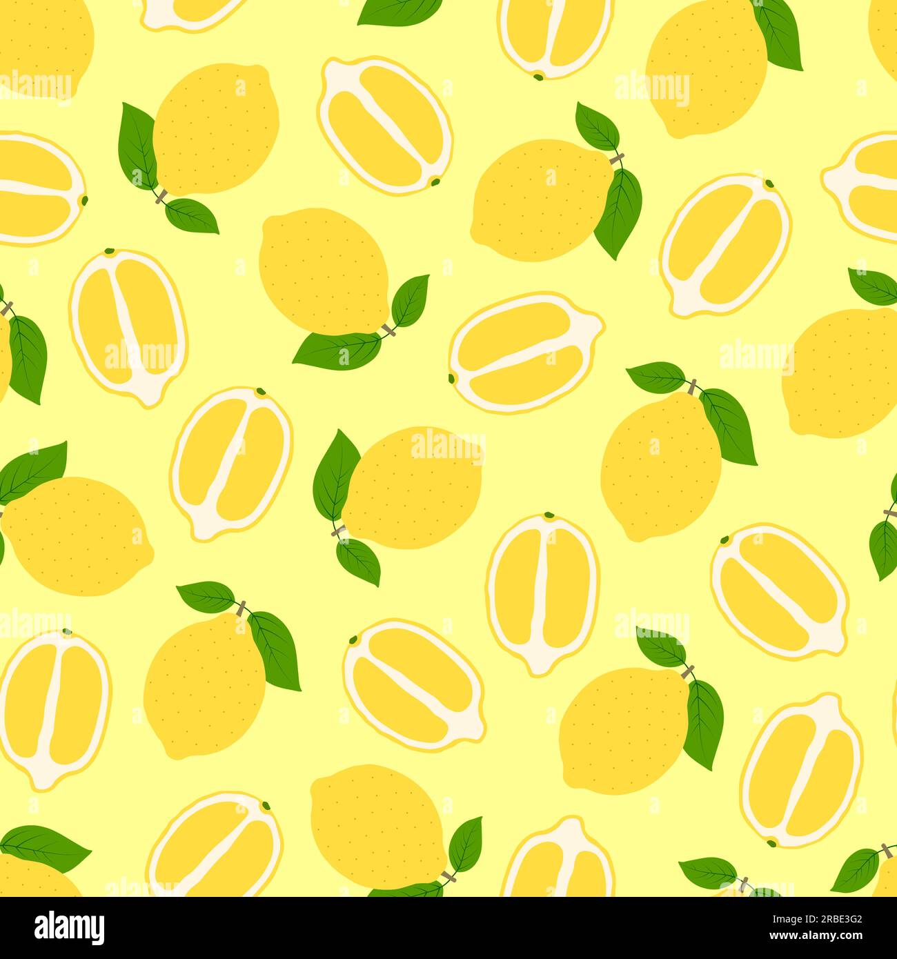 Bright seamless fruit pattern - hand drawn design. Repeatable yellow background with lemons ...