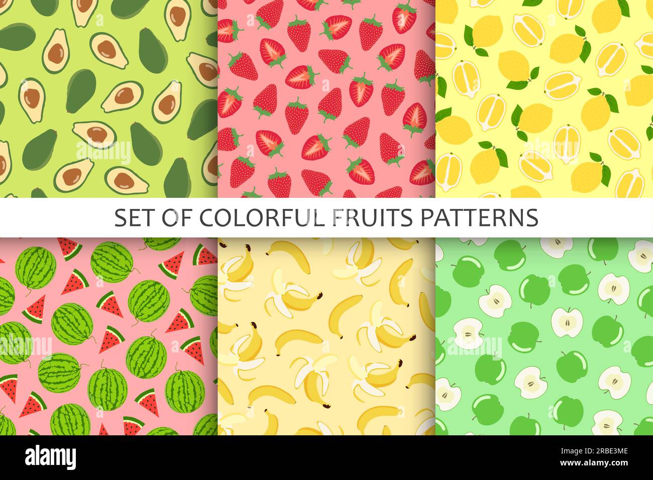 Collection of bright seamless fruits patterns - hand drawn design. Repeatable summer backgrounds ...
