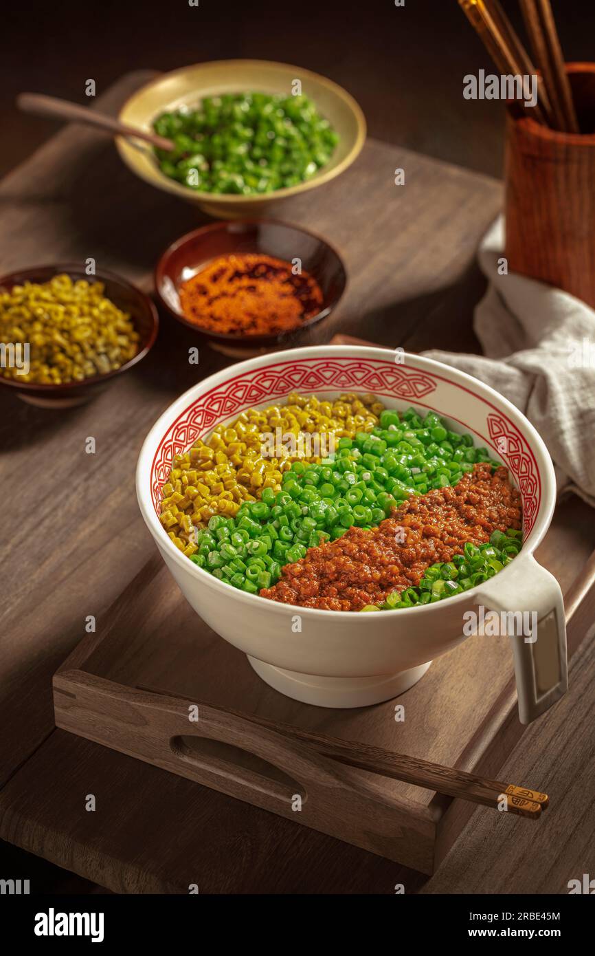 Zhajiangmian, (Chinese dish of ground pork over wheat noodles) Isolated ...