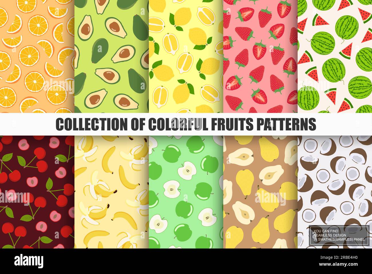 Collection of bright seamless fruits patterns - hand drawn design. Repeatable summer cartoon ...