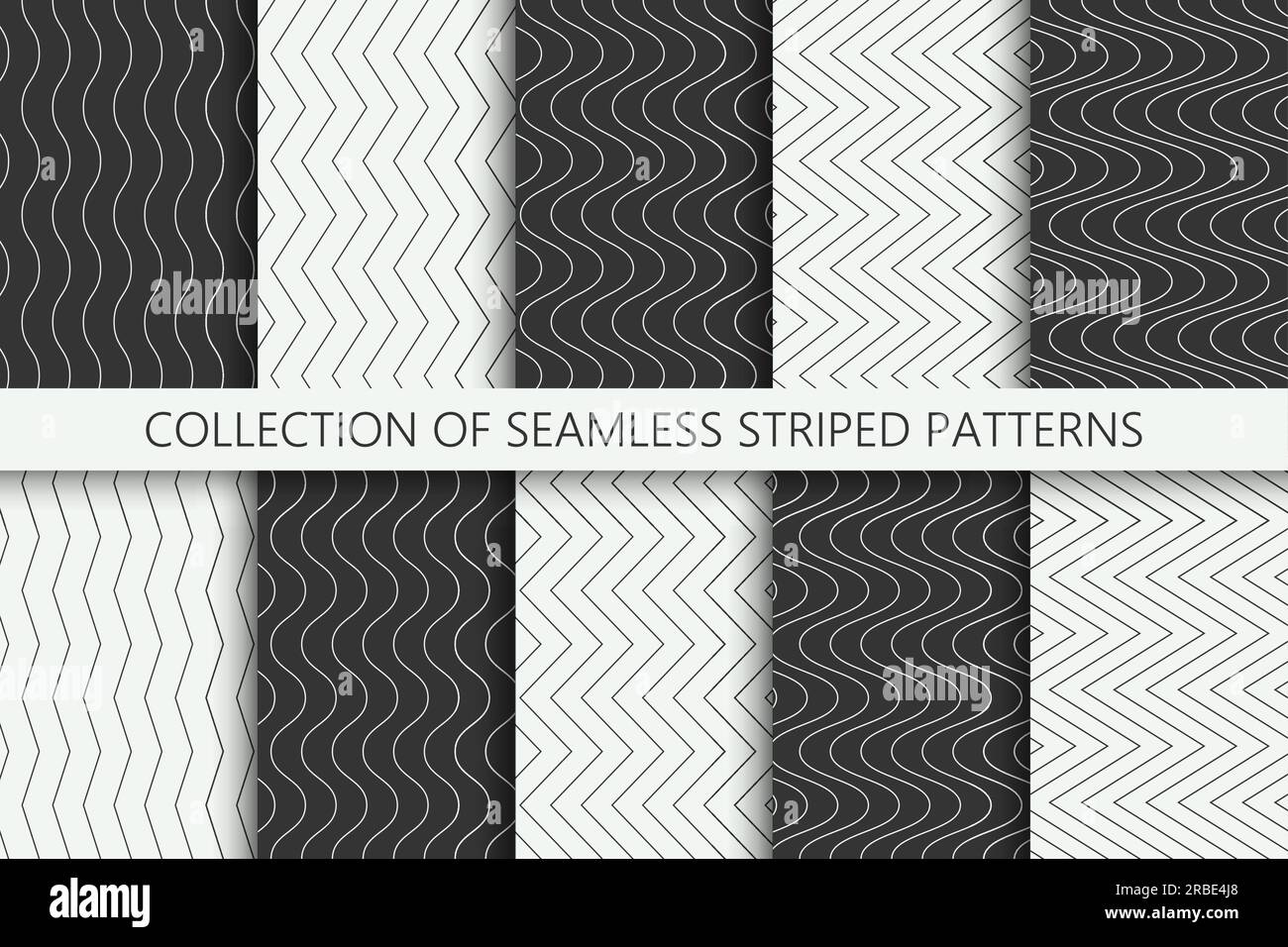 Collection of monochrome seamless striped patterns. Black and white paper linear zigzag, wave ...