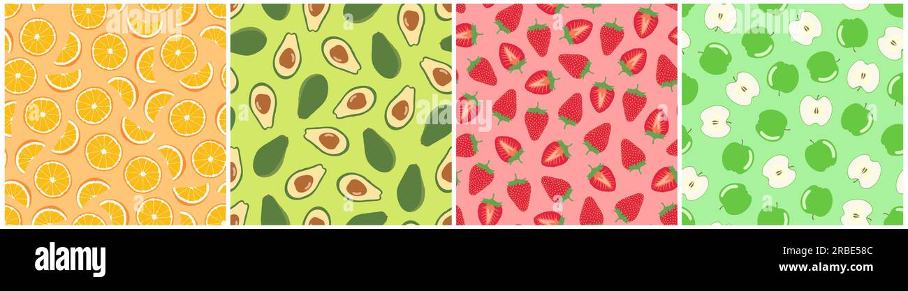 Set of bright seamless fruits patterns - hand drawn design. Repeatable summer backgrounds ...