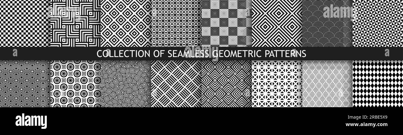 Collection of black and white seamless geometric striped patterns ...