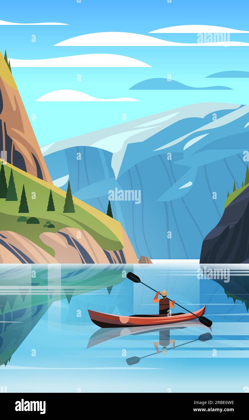 man tourist traveling in boat along mountain river beautiful scenery nature landscape background ...