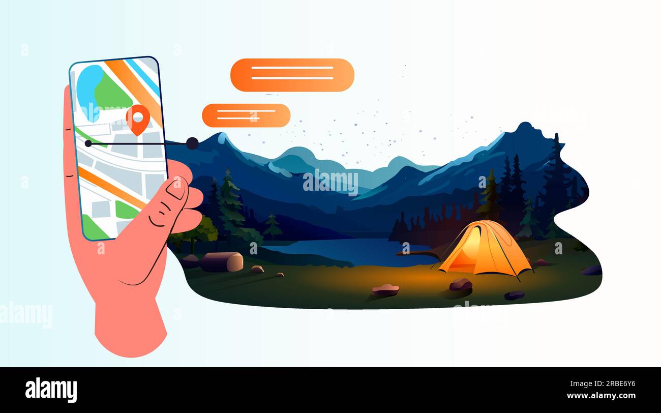 human hand using navigation map on smartphone screen tent camping area ...