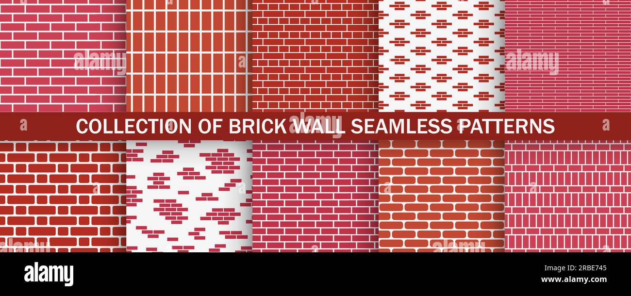 Collection of brick wall seamless patterns. Simple red endless ...
