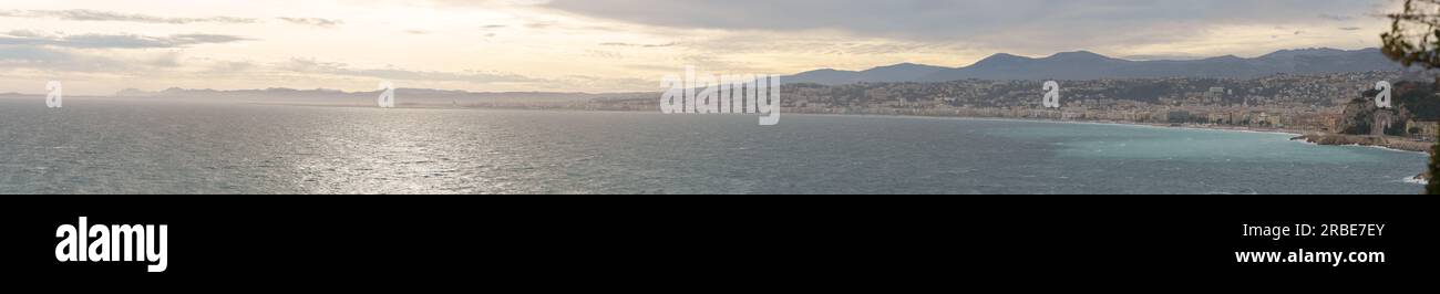 Ultrawide panorama view of the city of Nice, France from Mont Boron ...