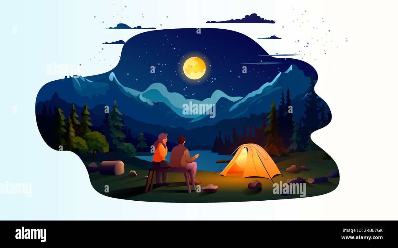 couple sitting near tent camping area night campsite summer camp travel ...
