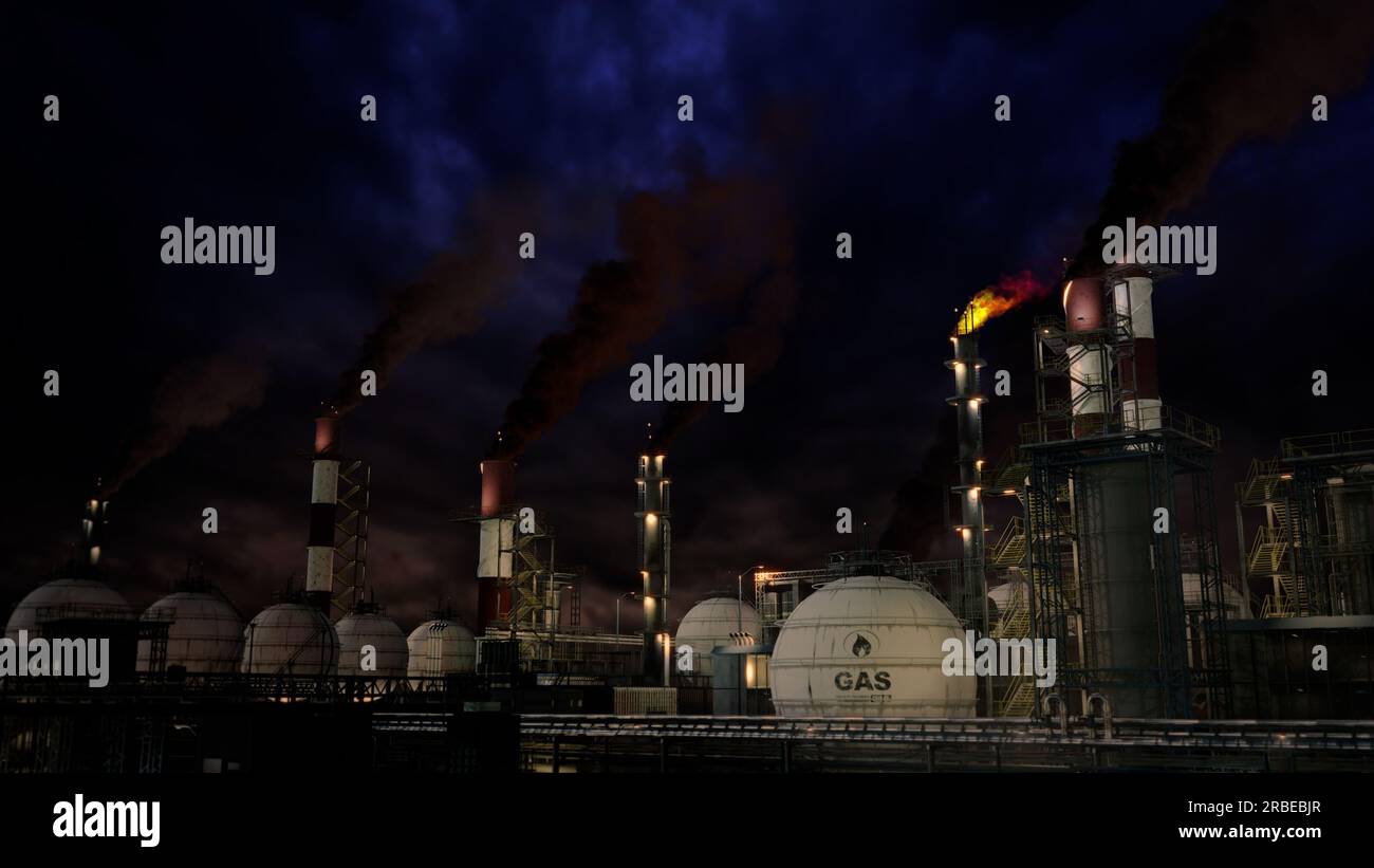 clear gas or gasoline power station with storages at night, fictitious ...