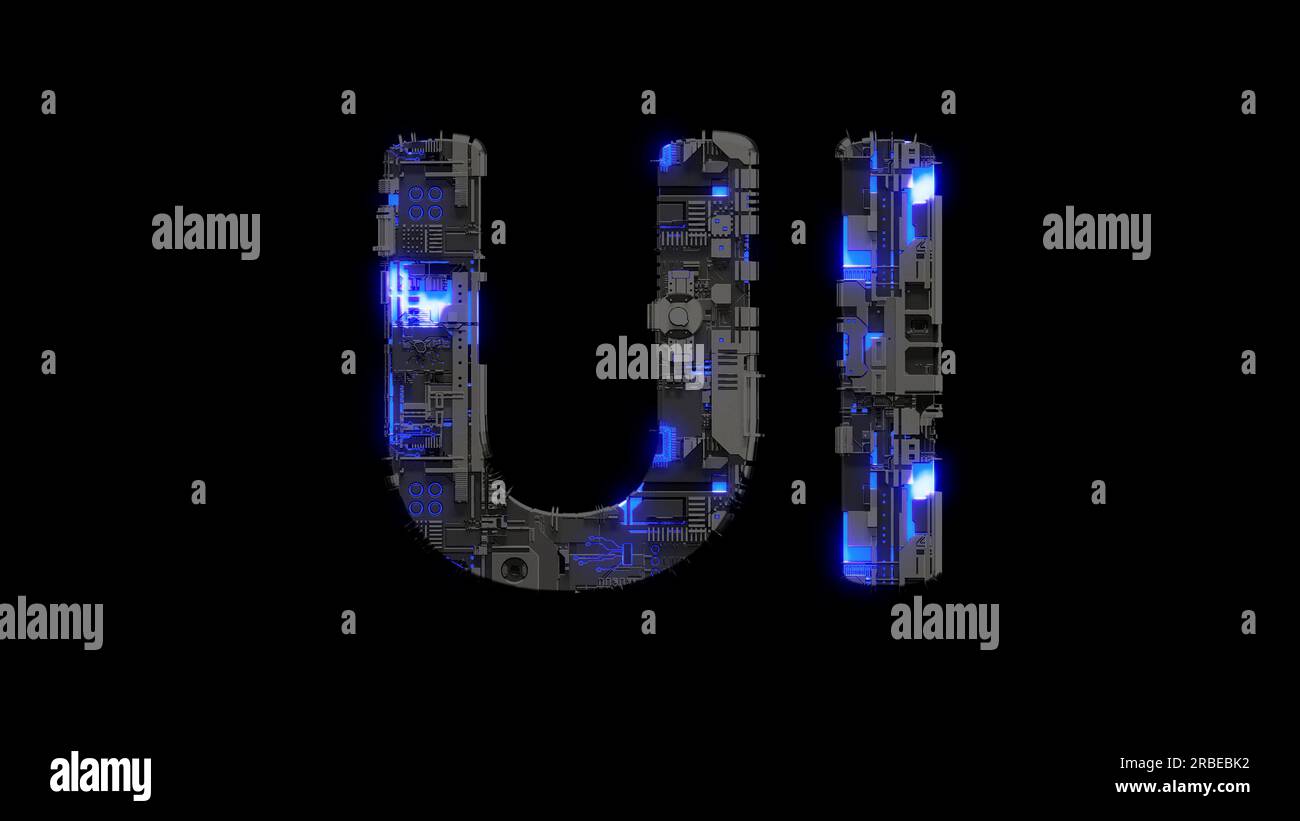 modern cybernetical text UI shining blue electric light, isolated ...