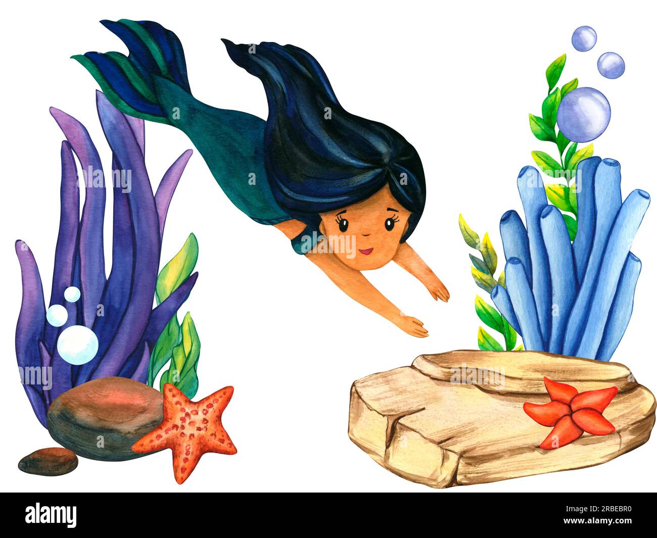 Watercolor cute mermaid, stones, starfish and blue, violet seaweed ...