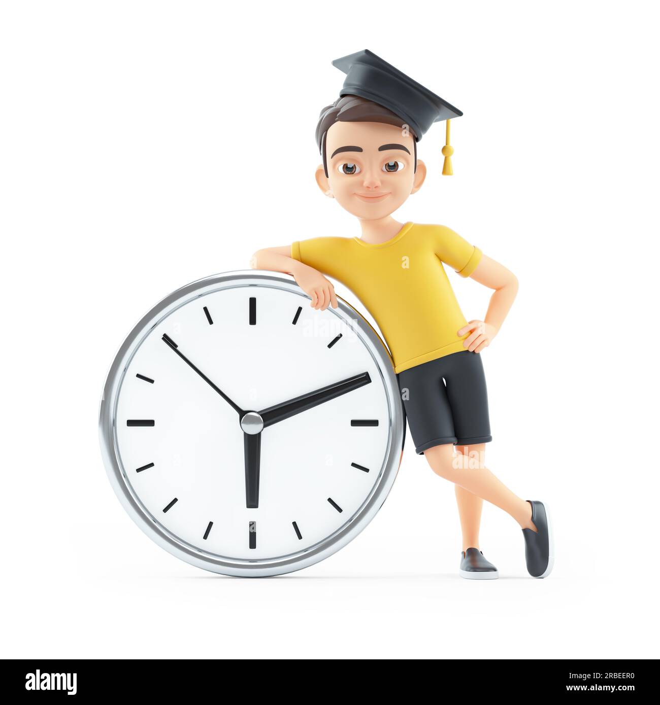 3d graduate boy leaning against wall clock, illustration isolated on ...